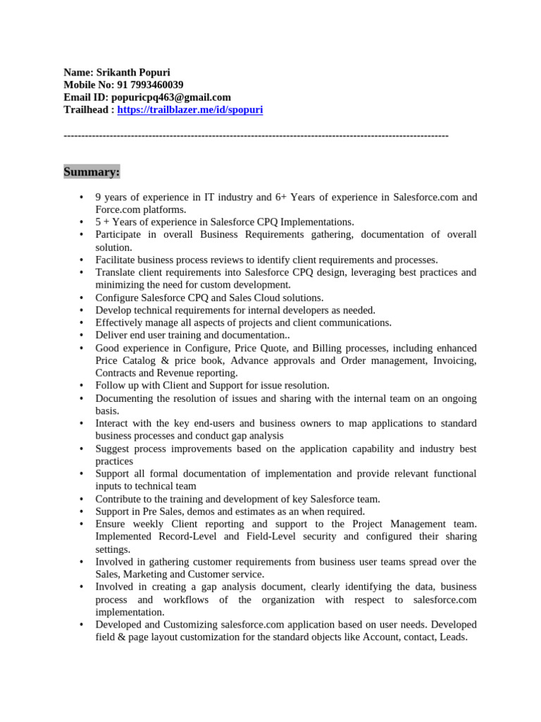 Salesforce CPQ Architect Resume Summary | PDF | Invoice | Computing