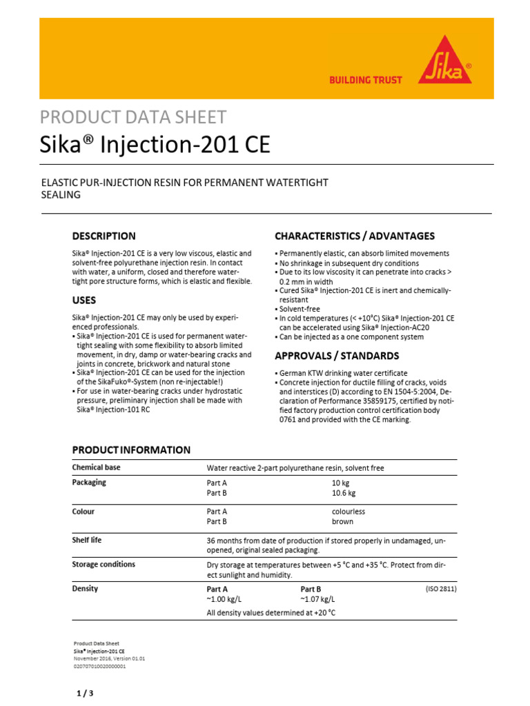 Sika® Injection-201 CE Data Sheet | PDF | Viscosity | Physical Sciences