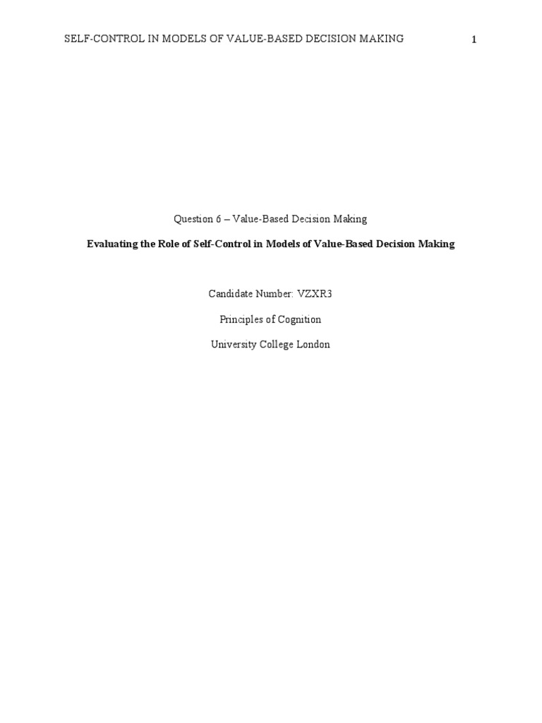 Self-Control in Models of Value-Based Decision Making 1 | PDF | Self ...