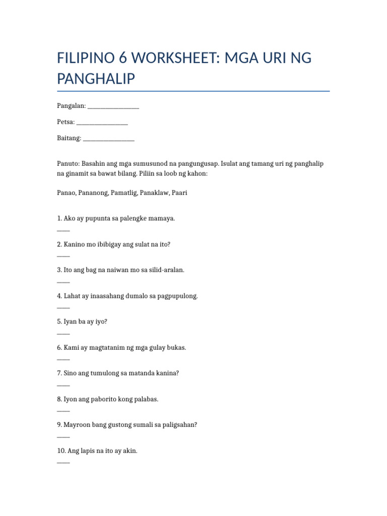 Filipino6 Panghalip Worksheet | PDF