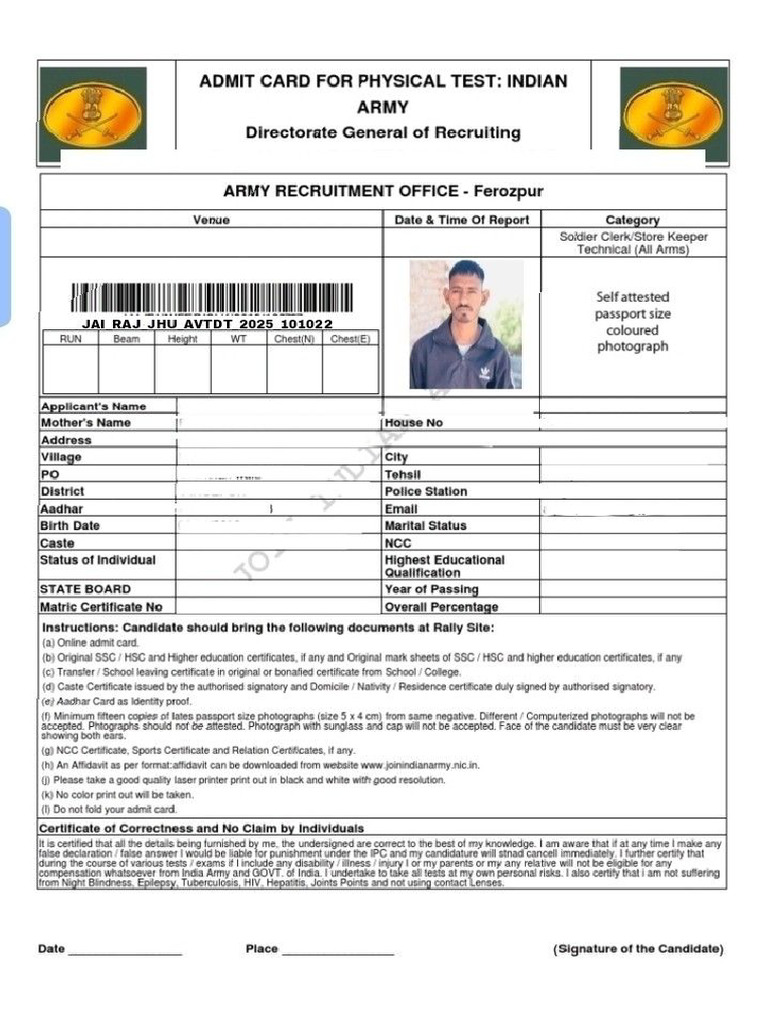Admit Card Indian Army Physical | PDF