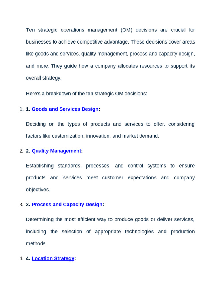 Ten Strategic Operations Management Decisions | PDF