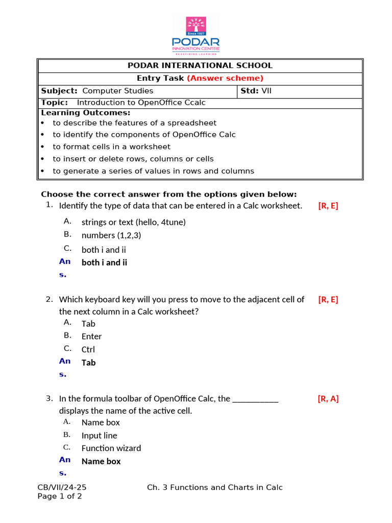 AS - Entry Task - VII - CS - CH 3 Functions and Charts in Calc | PDF