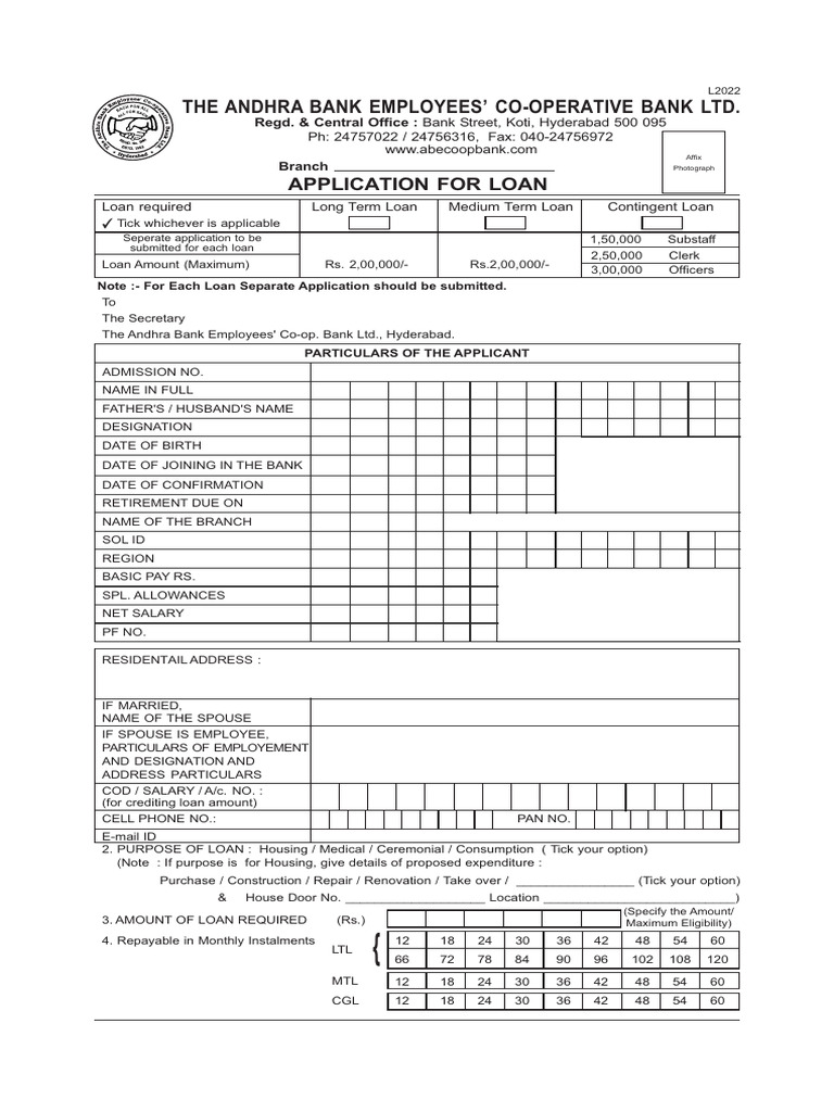 Andhra Bank Loan Application Form | PDF | Interest | Loans