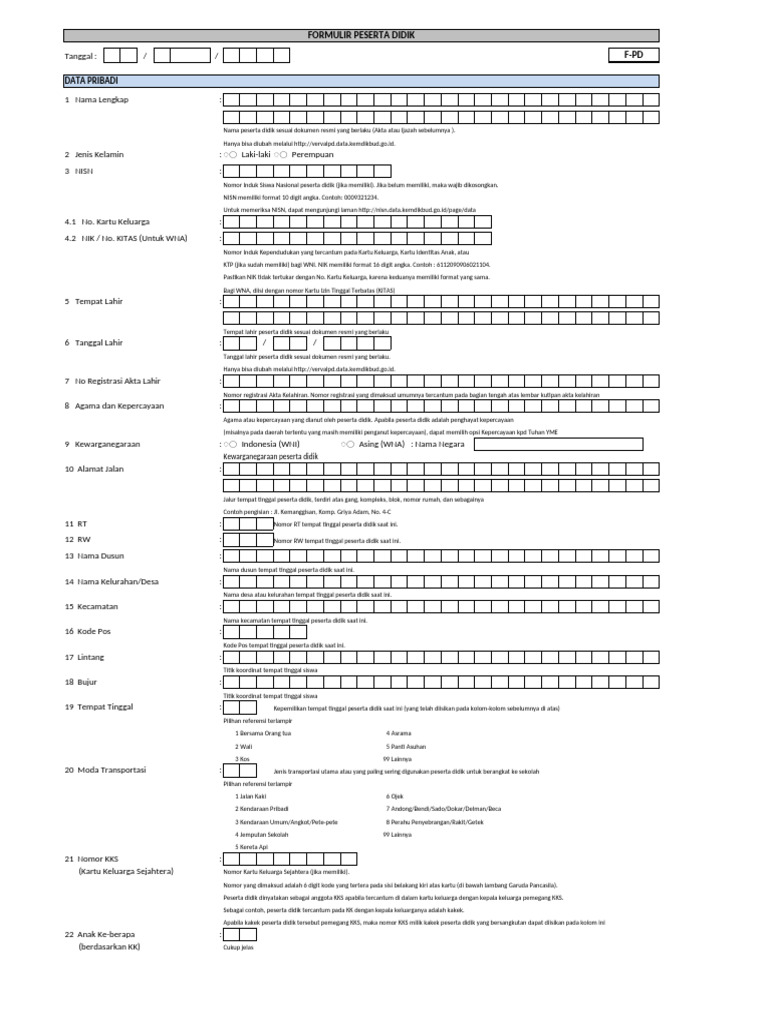 Formulir Data Peserta Didik Sekolah | PDF