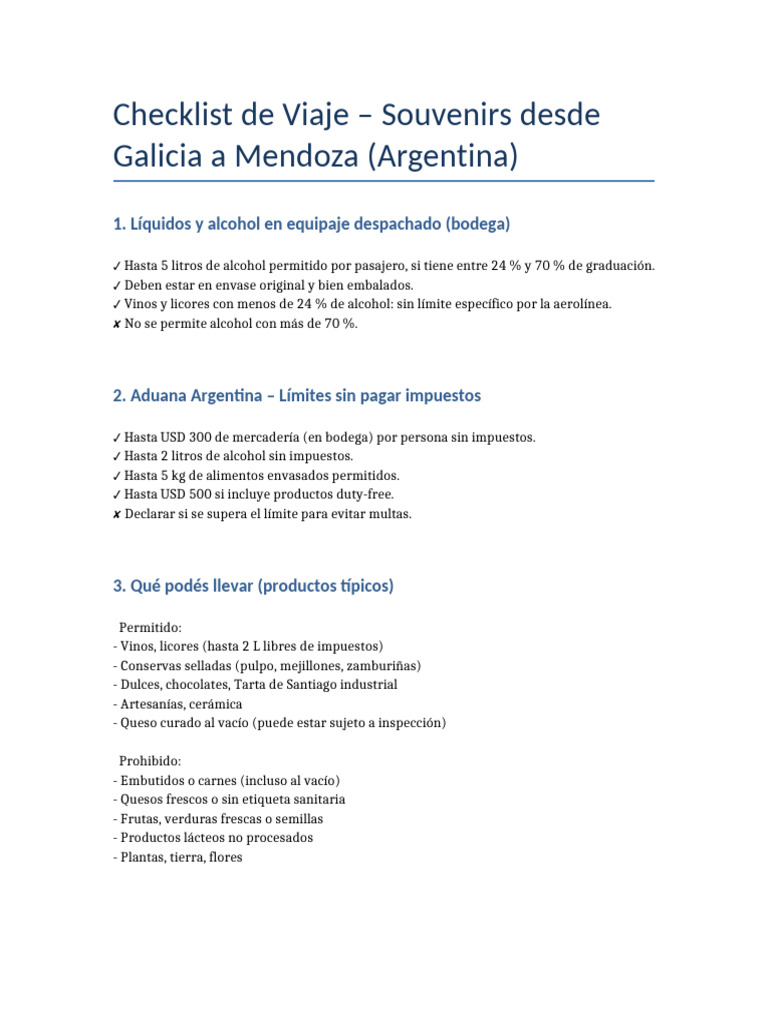 Checklist Viaje Galicia Mendoza | PDF