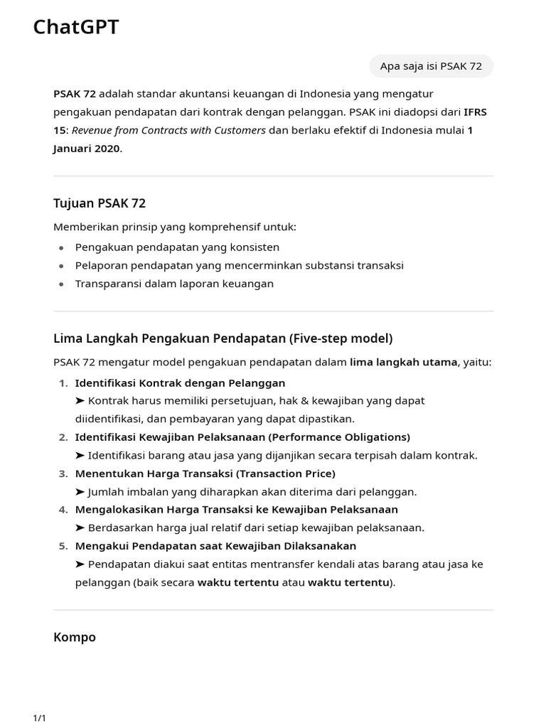 Perhitungan Pendapatan Kontrak Sesuai PSAK 72 | PDF