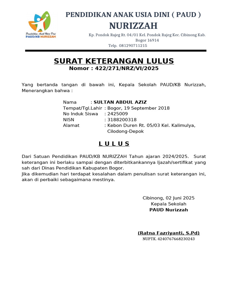 Surat Keterangan Lulus | PDF