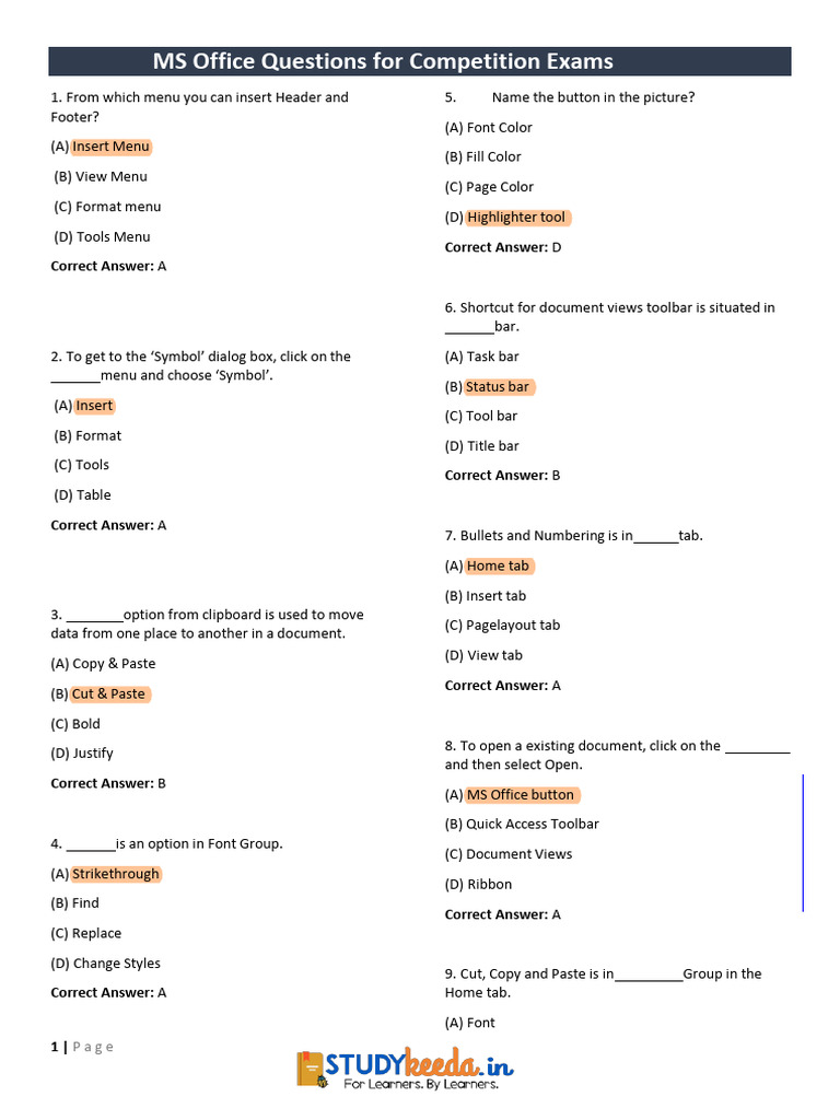MS Office Questions For Compitition Exams | PDF | Microsoft Excel ...
