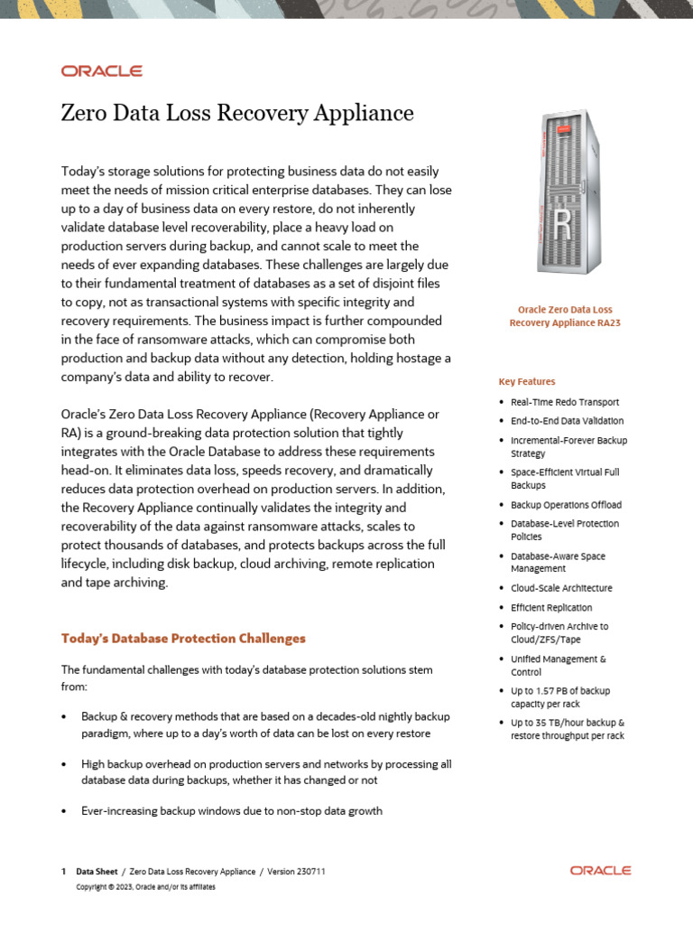Oracle Zero Data Loss Recovery Appliance RA23 | PDF | Backup | Databases