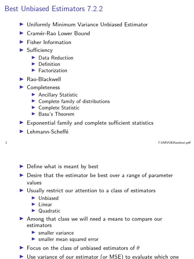 Best Unbiased Estimators Overview | PDF | Estimator | Bias Of An Estimator
