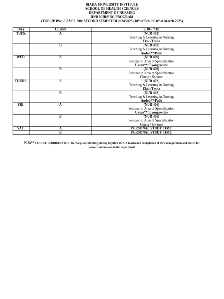 HND Nursing Program Schedule 2024/2025 | PDF | Nursing | Qualifications