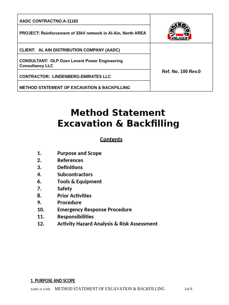Excavation & Backfilling Method Statement | PDF | First Aid | Concrete