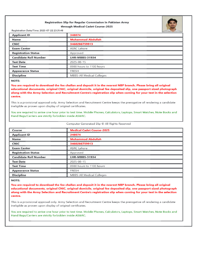Pak Army Registration Slip | PDF
