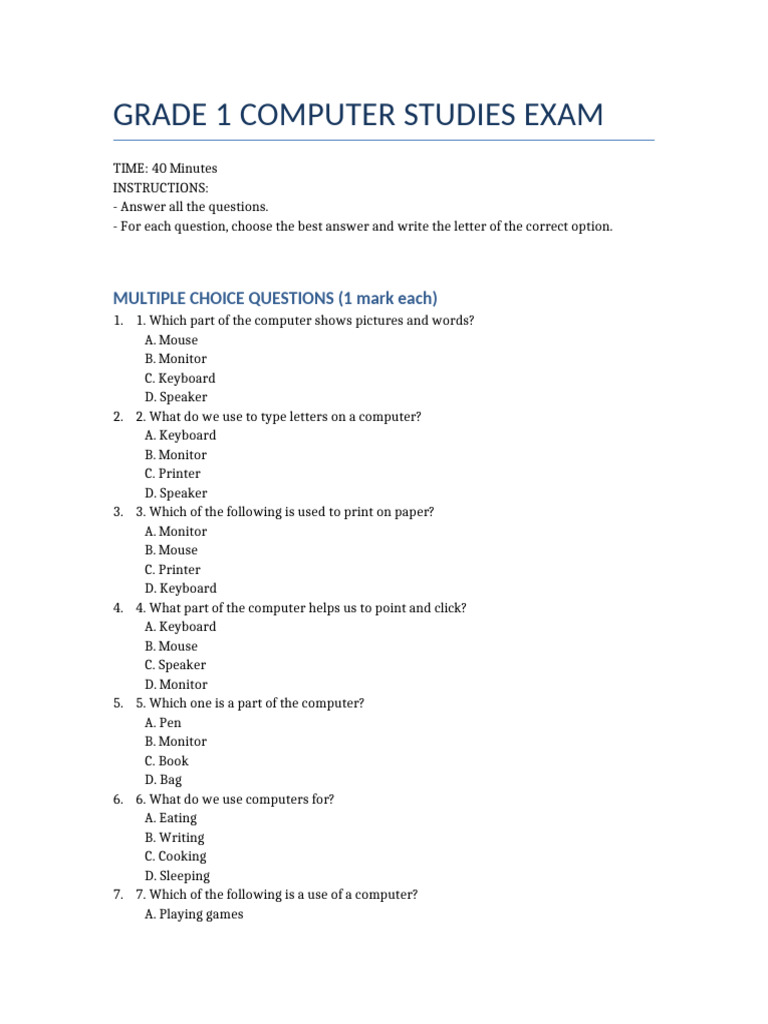 Grade 1 Computer Exam Questions | PDF | Computer Keyboard | Computer ...