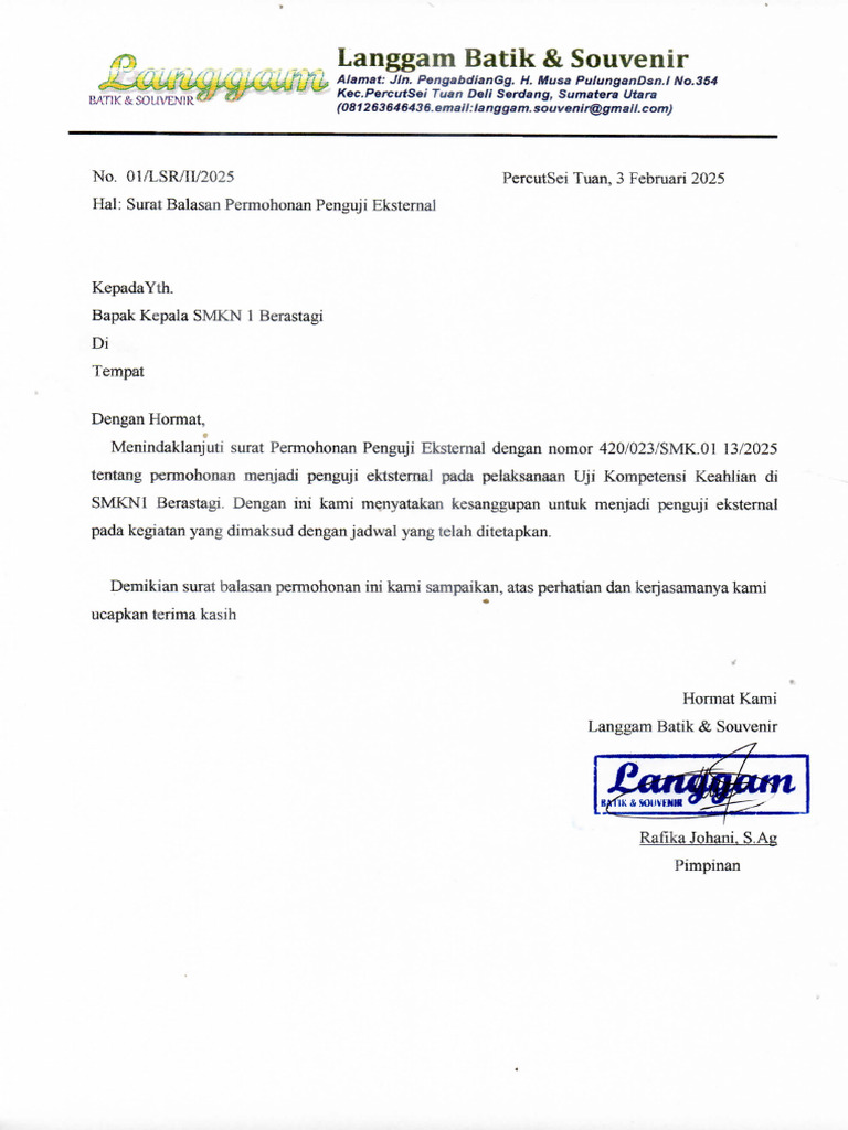 Surat Balasan Penguji Eksternal Langgam | PDF