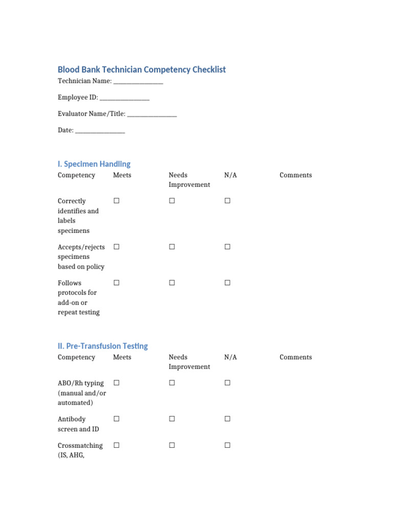 Blood Bank Technician Competency Checklist | PDF | Clinical Pathology ...
