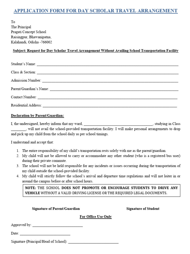 Day Scholar Travel Application Form | PDF