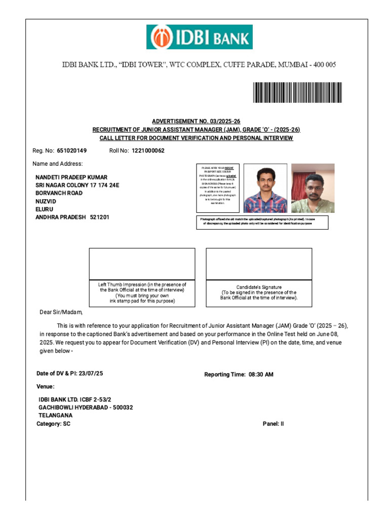 IDBI Bank JAM Interview Call Letter 2025 | PDF | Biometrics | Identity ...