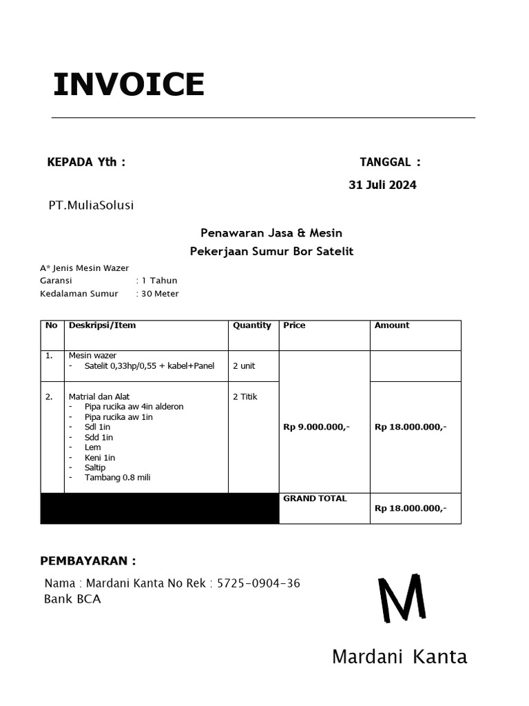 Contoh Invoice Pembelian Mesin Wazer | PDF