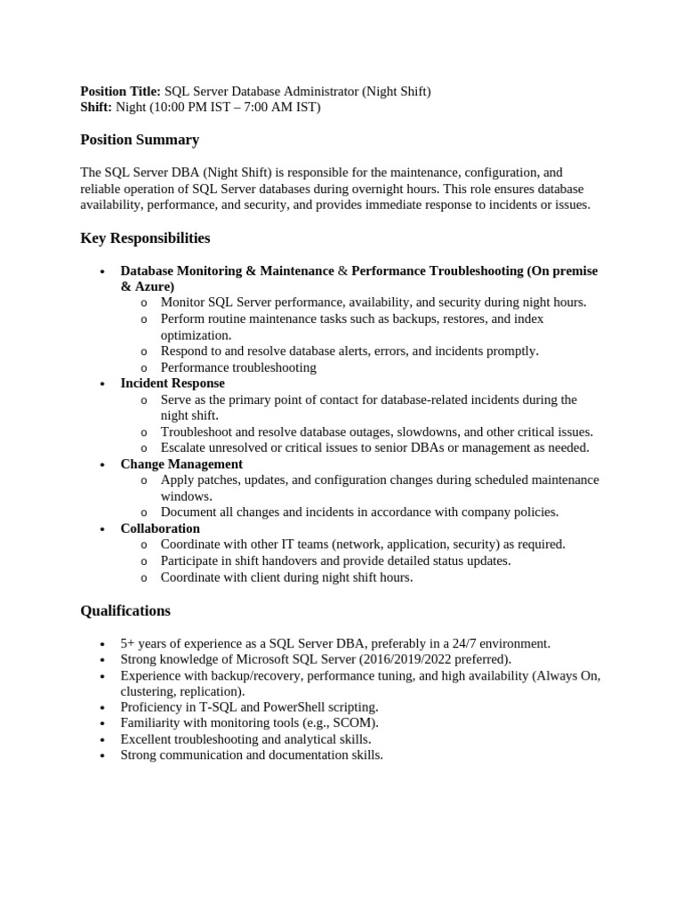 SQLServer DBA Job Description | PDF