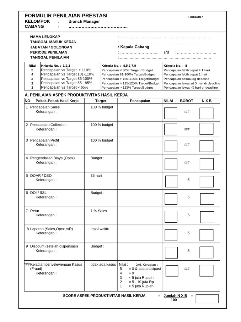 Formulir Penilaian Prestasi (Kepala Cabang) | PDF