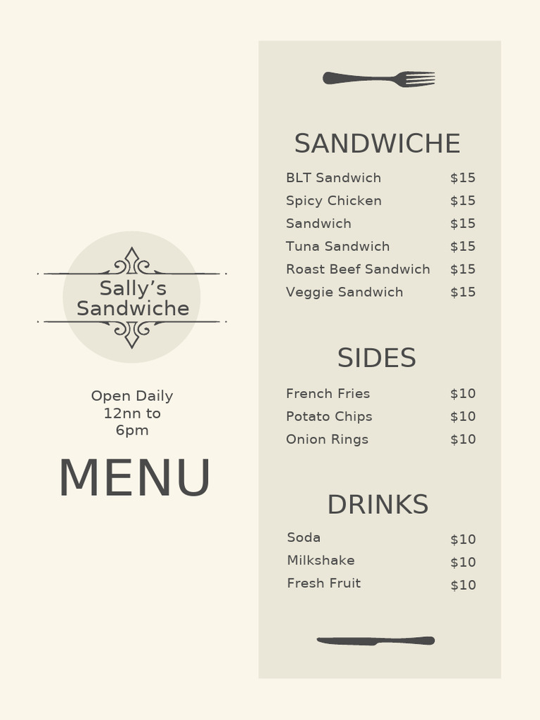 Blank Sandwich Sub Menu Template 5x7 | PDF