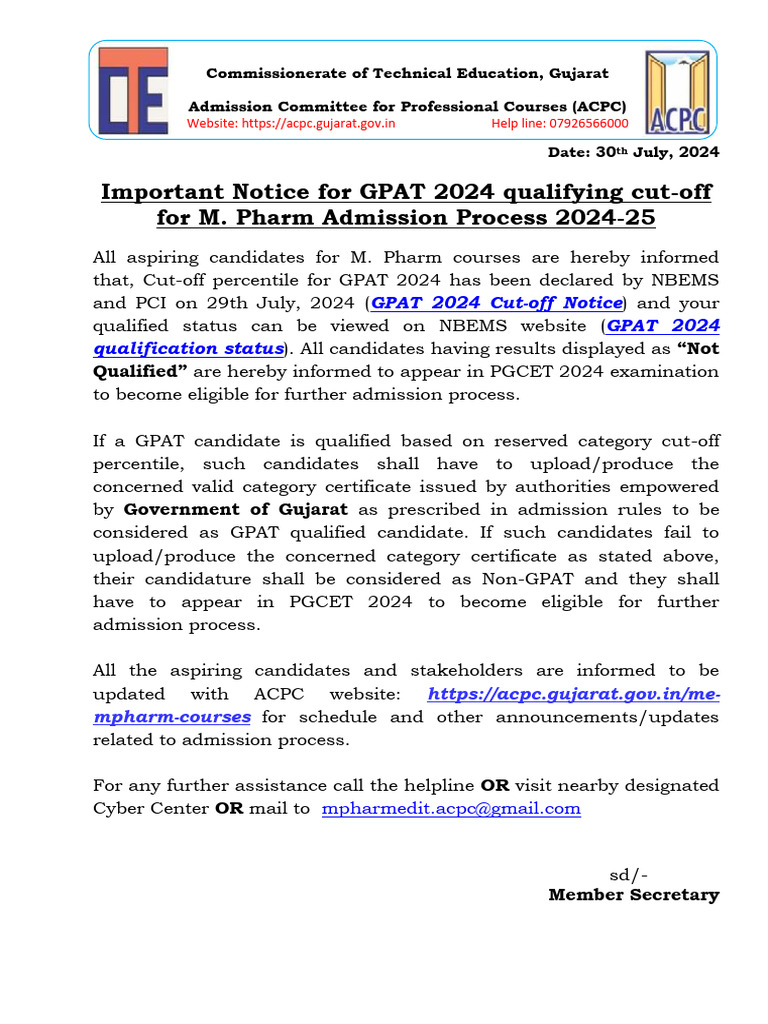 Important Notice For GPAT 2024 Qualifying Cut-Off For M. Pharm ...