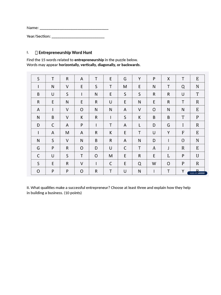Entrepreneurship Word Search Puzzle | PDF