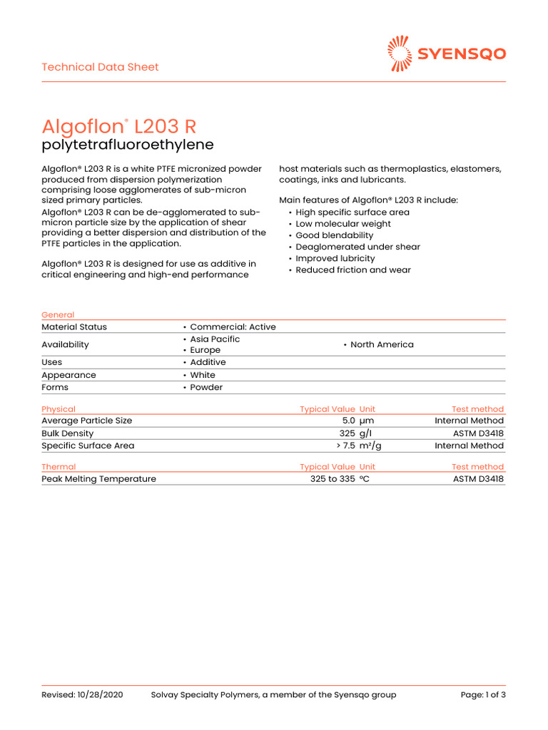 Algoflon L203 R PTFE Powder Data Sheet | PDF | Thermoplastic | Materials