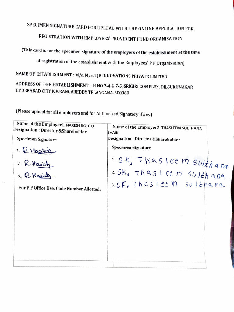 Specimen Signature Card for EPF Registration | PDF