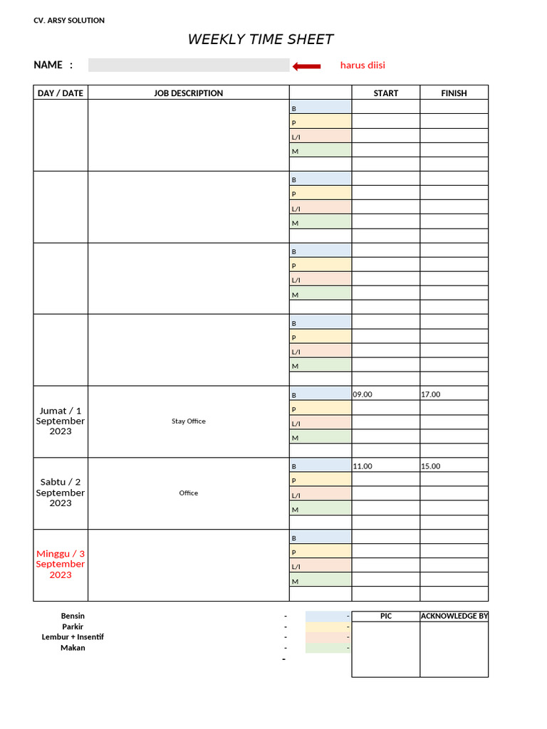 Weekly Time Sheet September 2023 | PDF