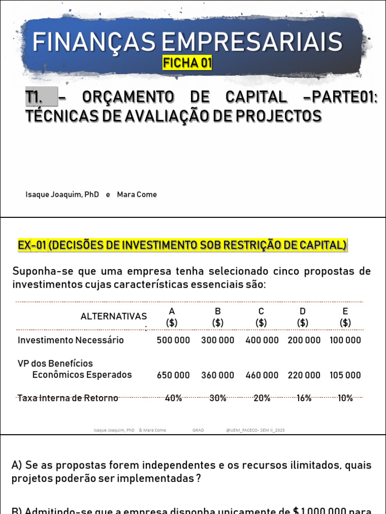 Tema##01-Orcamento de Capital-Tecnicas de Analise Inv - Part 01-Ficha 01 | PDF | Investimentos ...