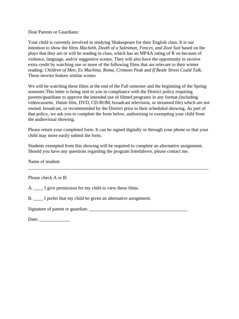 Movie Permission Slip | PDF