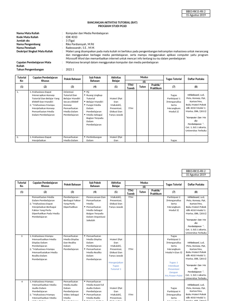 Rancangan Aktivitas Tutorial | PDF