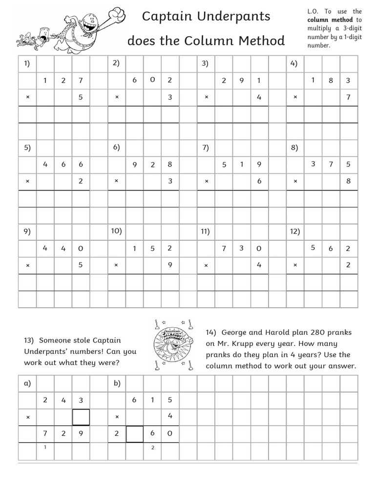 Captain Underpants Column Method Worksheets | PDF | Superhero Novels