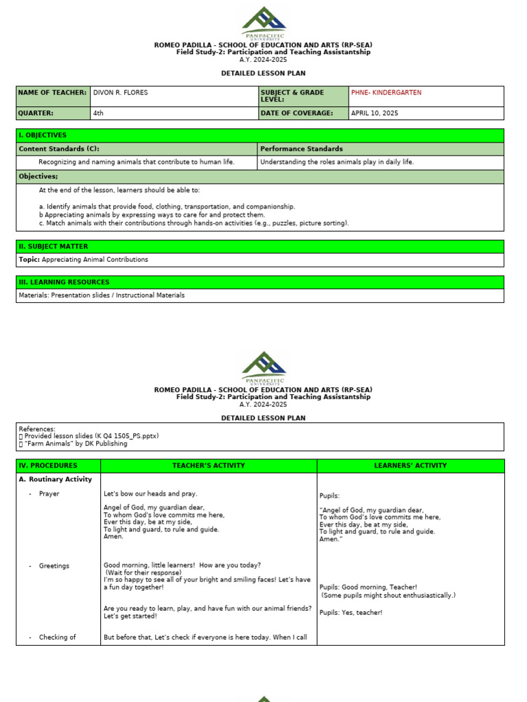Kindergarten Lesson Plan on Animal Contributions | PDF | Teachers ...