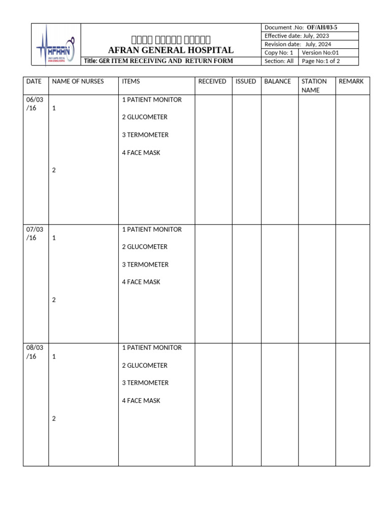 GER Item Receiving and Return Form | PDF