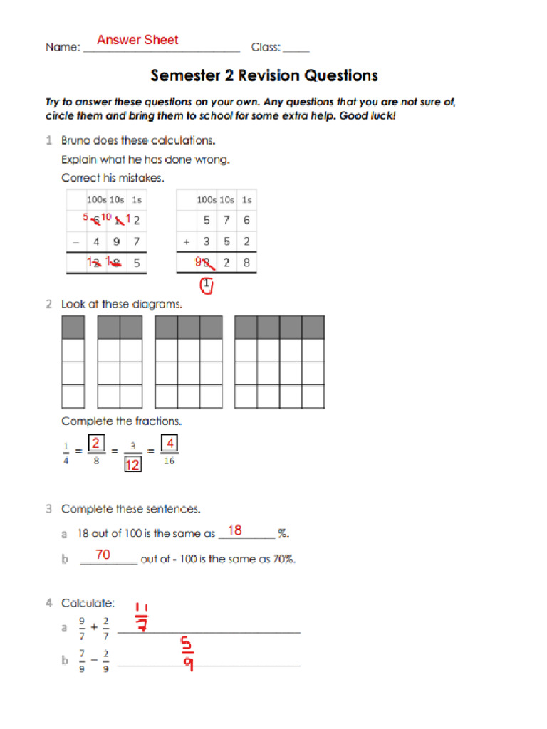 Semester 2 Revision Questions Maths Answer Sheet | PDF