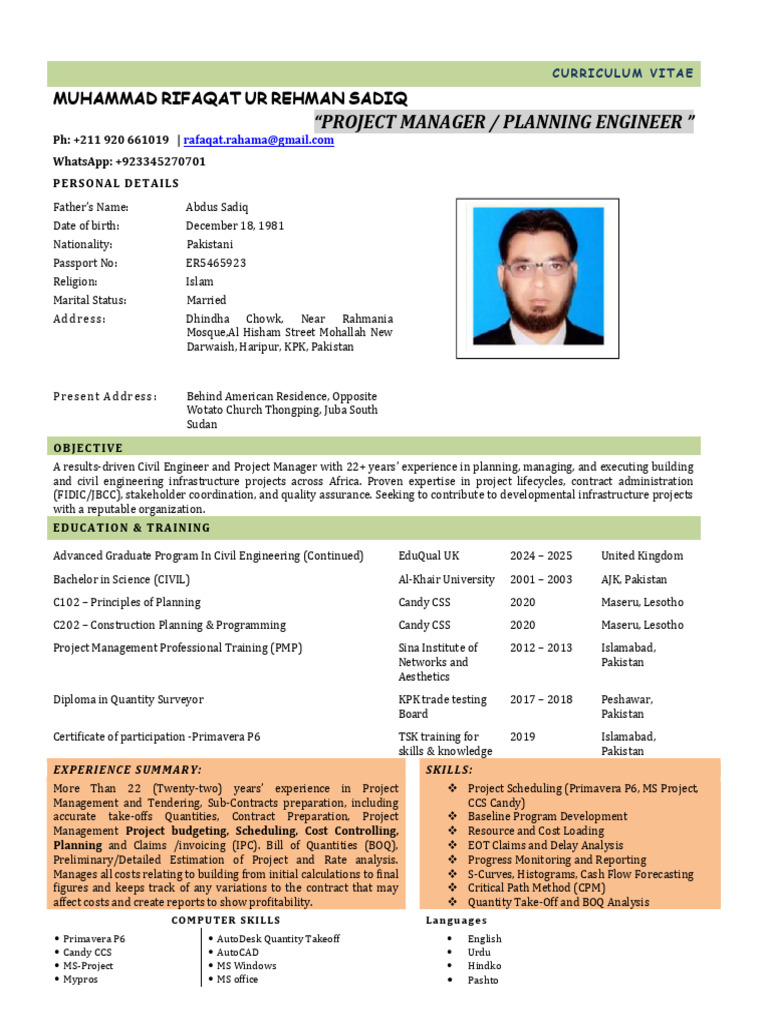 Project Manager CV: Rifaqat Ur Rehman Sadiq | PDF