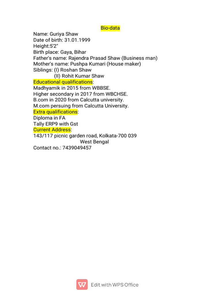 Bio Data of Guriya 1 | PDF