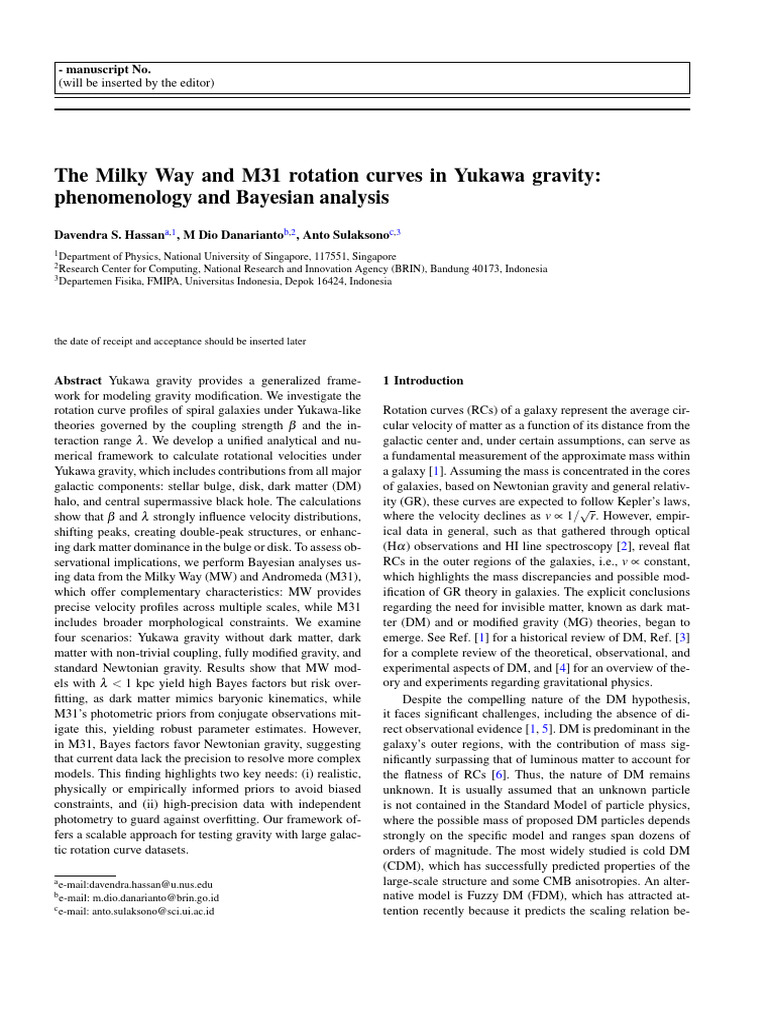 The Milky Way and M31 Rotation Curves in Yukawa Gravity: Phenomenology ...