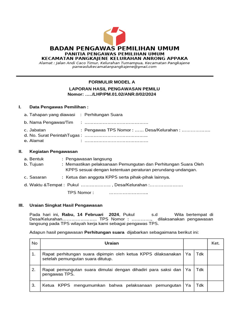 Form A PTPS Penghitungan Suara 14 Feb 2024 | PDF