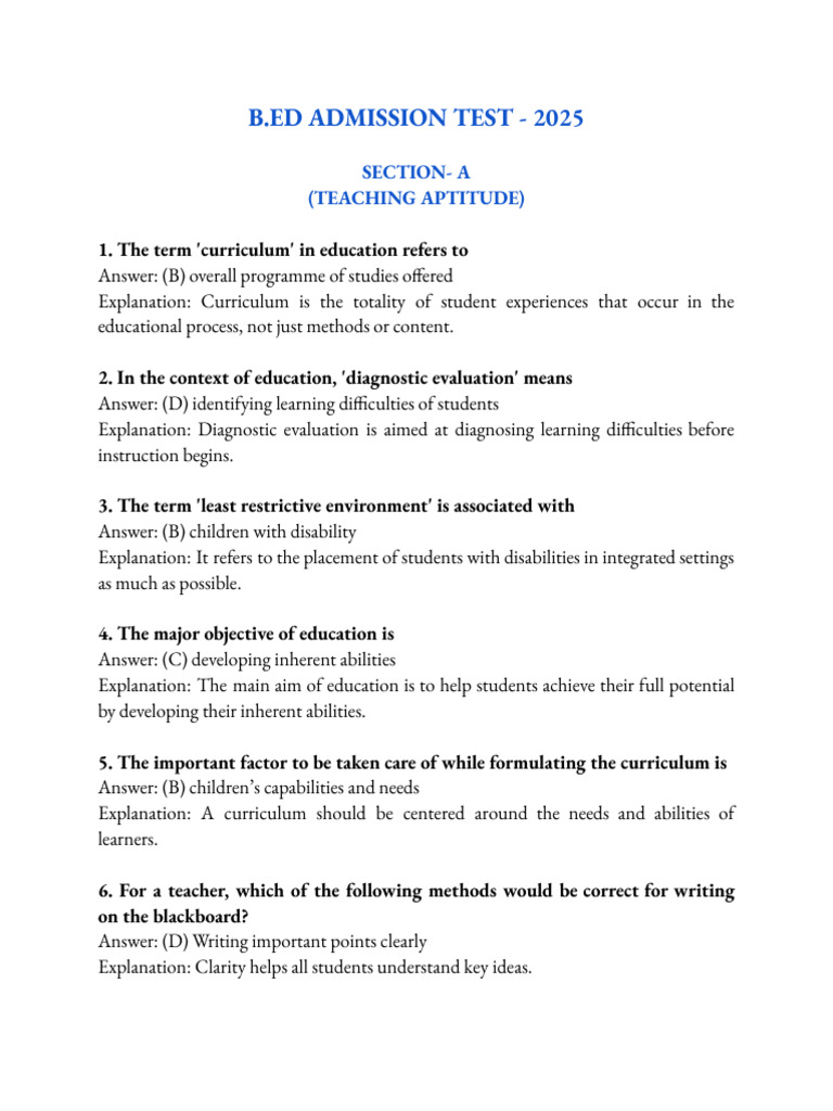 B.Ed Admission Test 2025: Teaching Aptitude | PDF | Learning | Teachers
