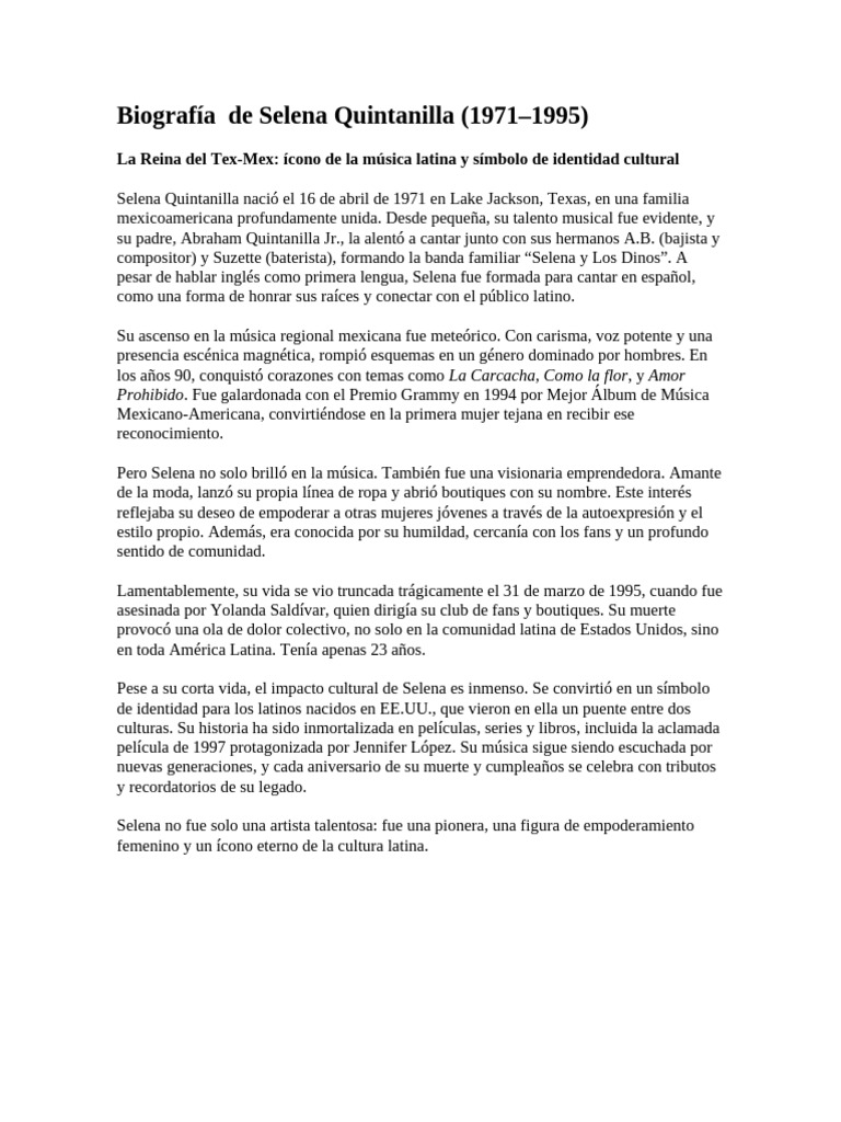 Biografía de Selena Quintanilla | PDF