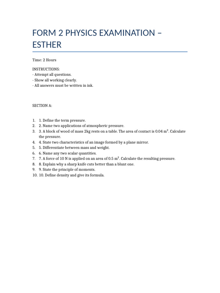 Form 2 Physics Exam Esther | PDF