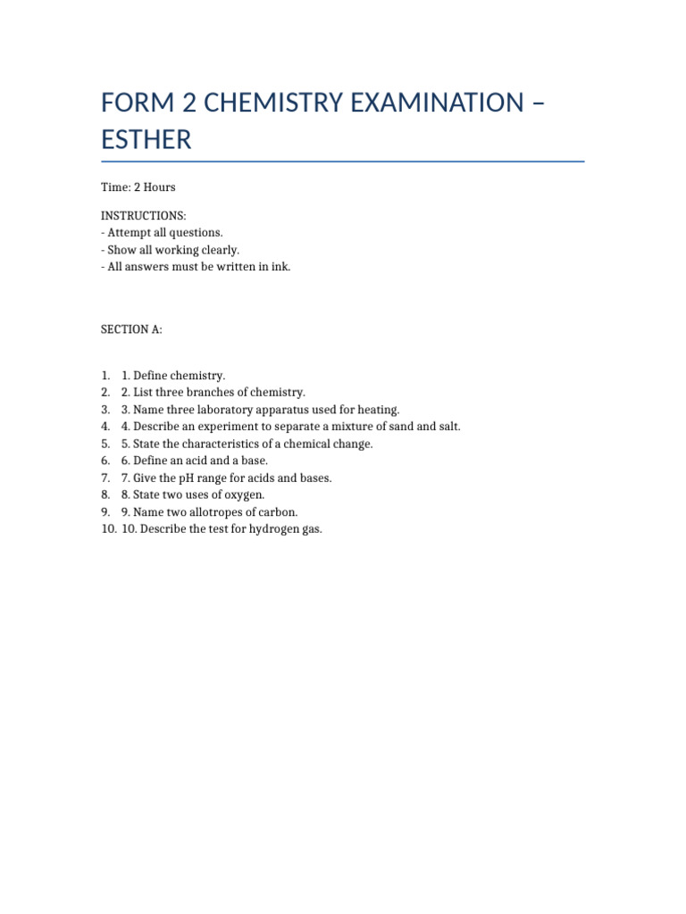 Form 2 Chemistry Exam Esther | PDF