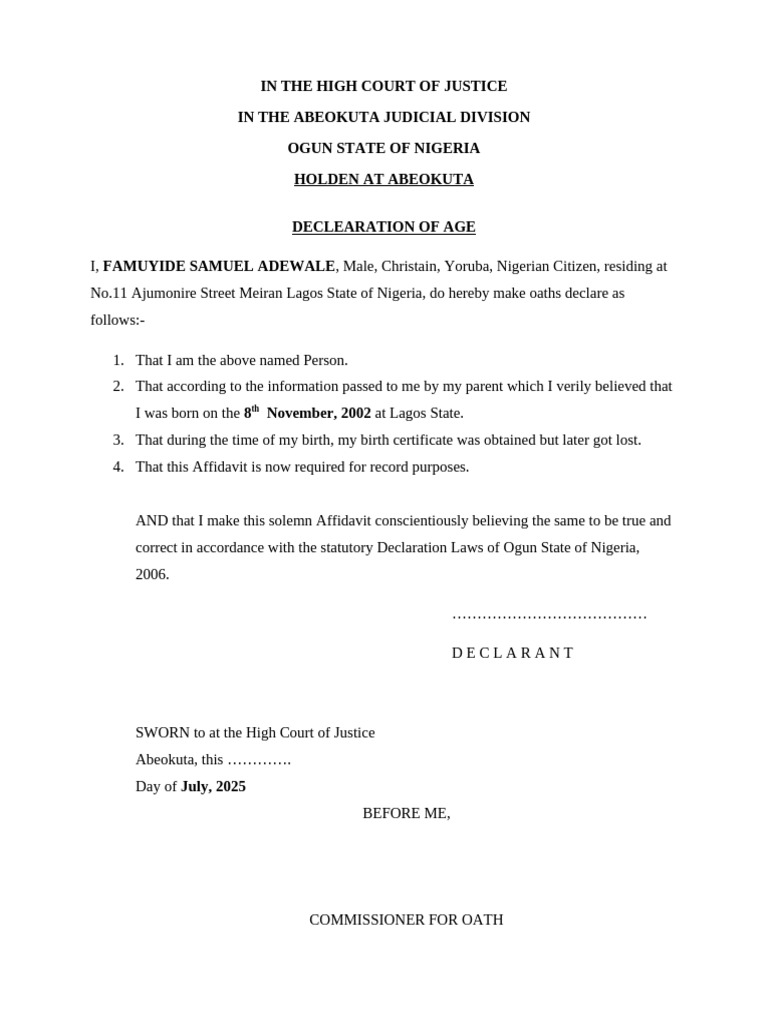 Declaration of Age Affidavit in Nigeria | PDF