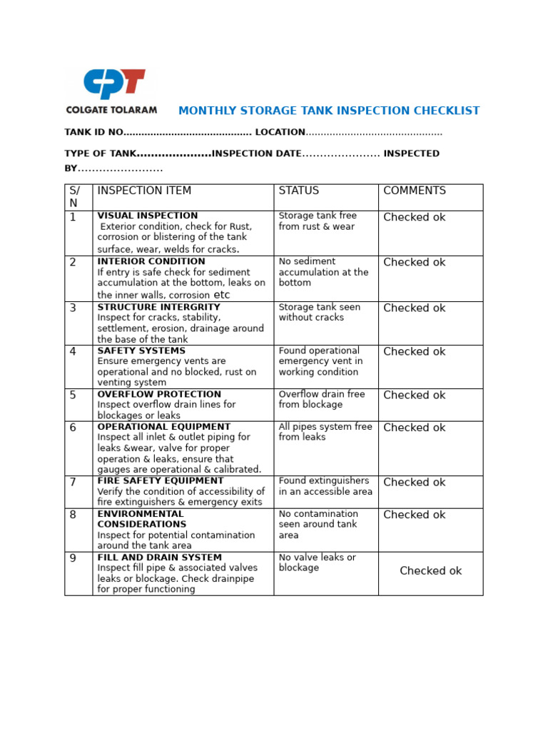 Monthly Storage Tank Inspection Checklist | PDF