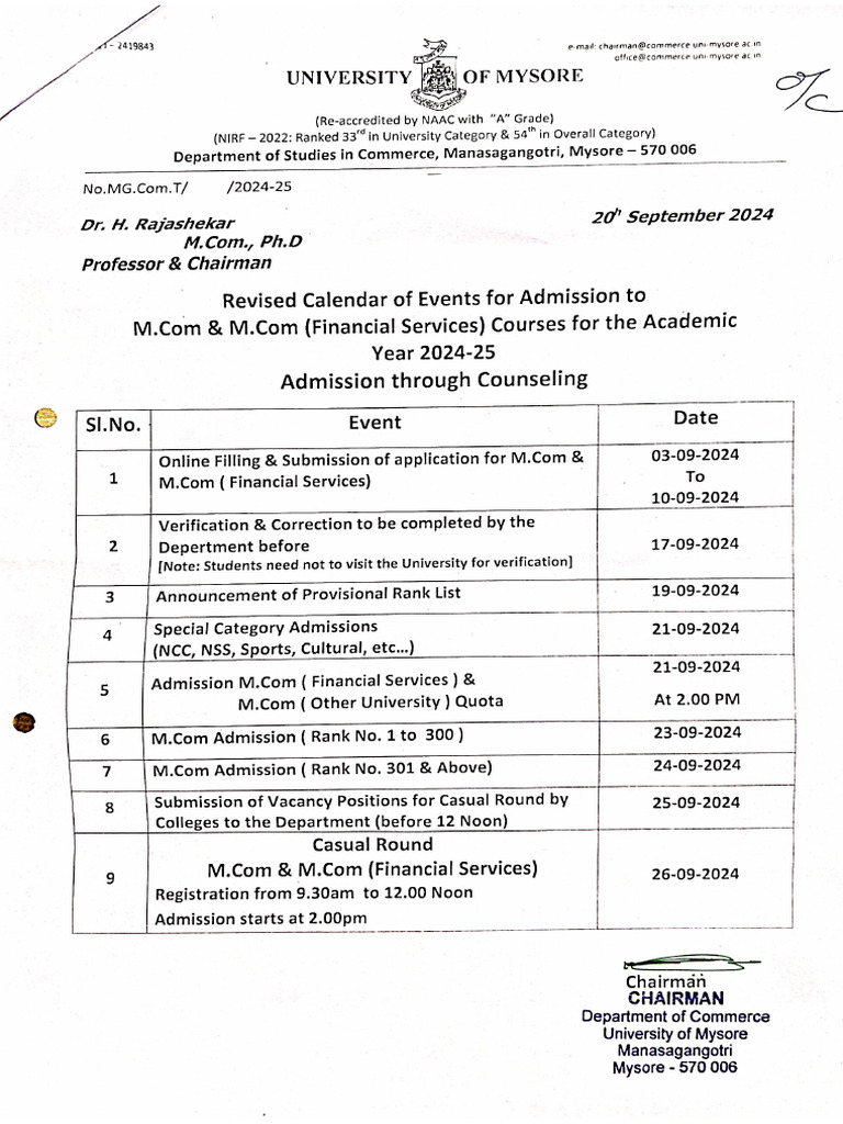 Revised Calendar of Events of MCom FS | PDF